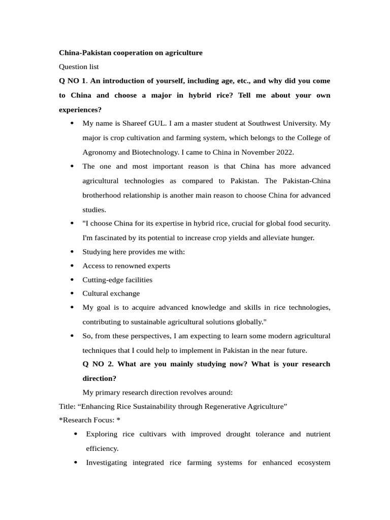 1 - Shareef Gul (Question List) | PDF | Agriculture | Rice