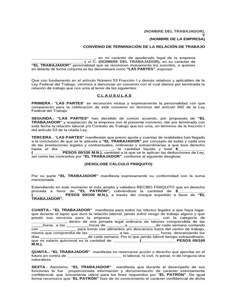Convenio de Terminación Laboral | PDF