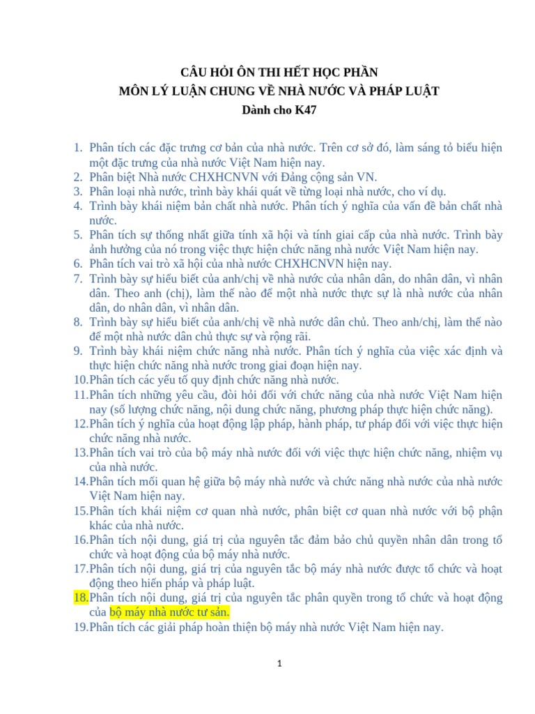 CÂU HỎI ÔN THI HẾT HỌC PHẦN K47 | PDF