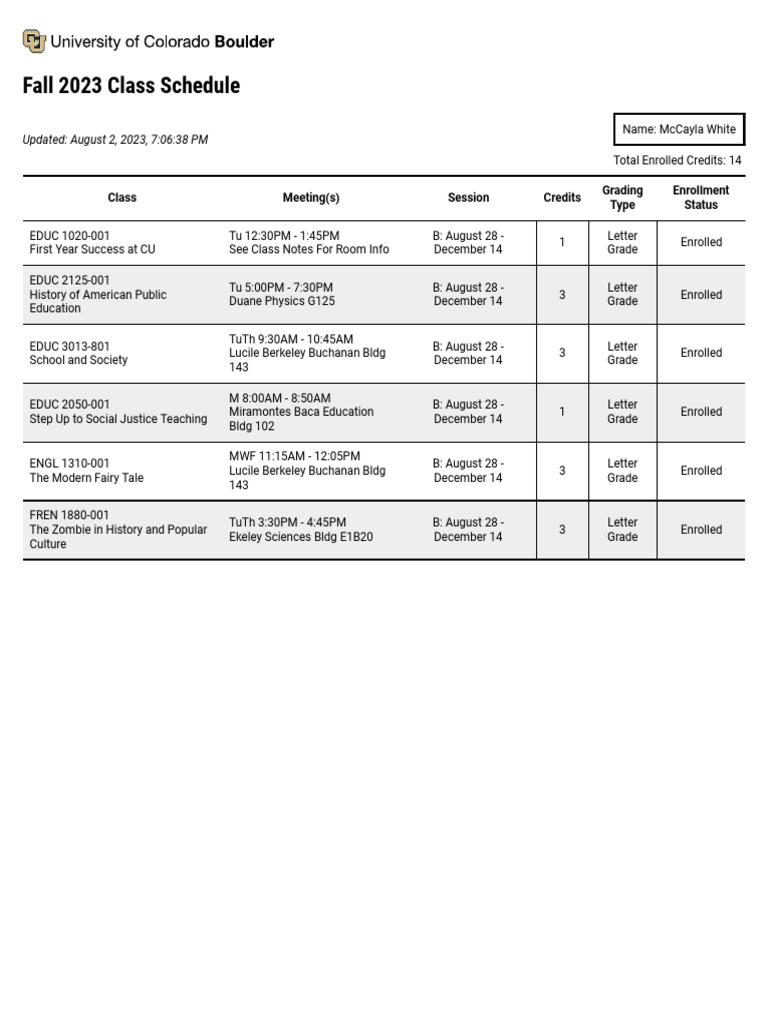 Fall 2023 Class Schedule | PDF
