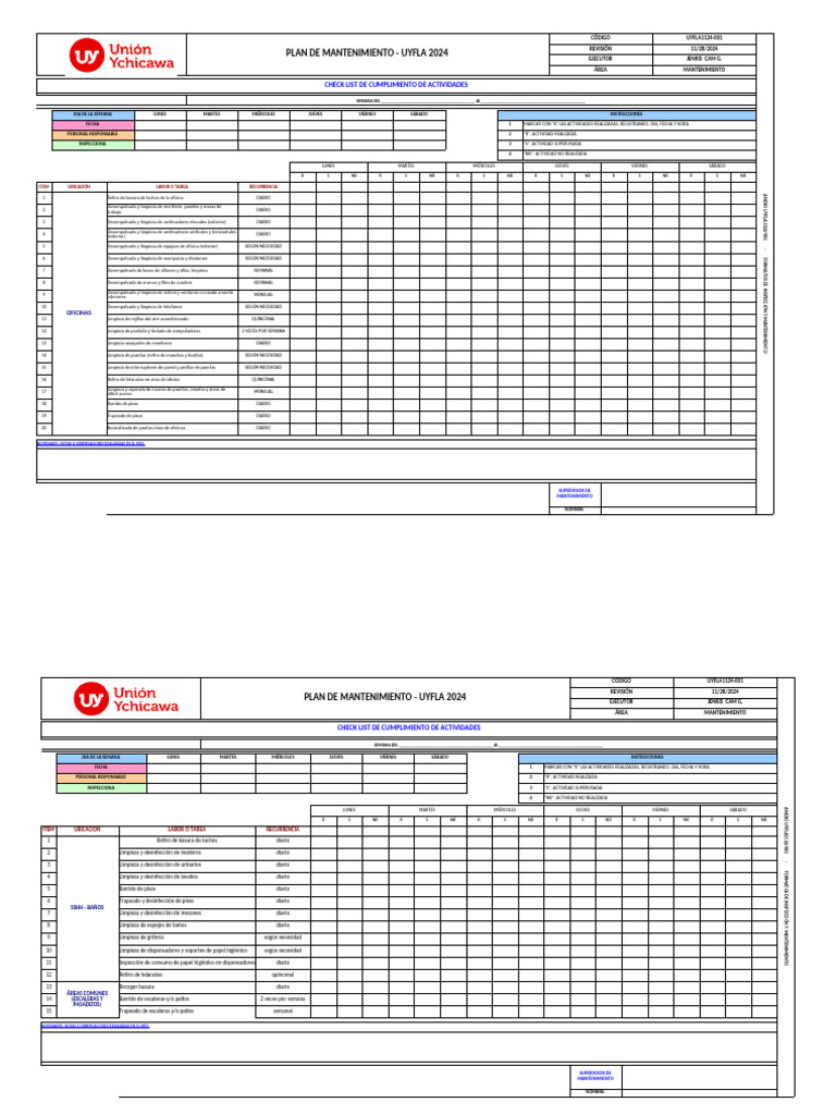 FORMULARIO CONTROL DE LIMPIEZA Y ASEO | PDF
