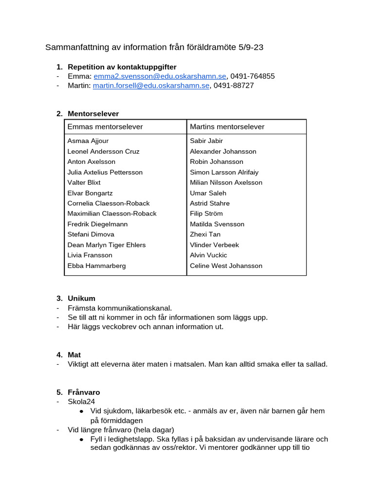 Sammanfattning Av Information Från Föräldramöte 5/9-23 | PDF