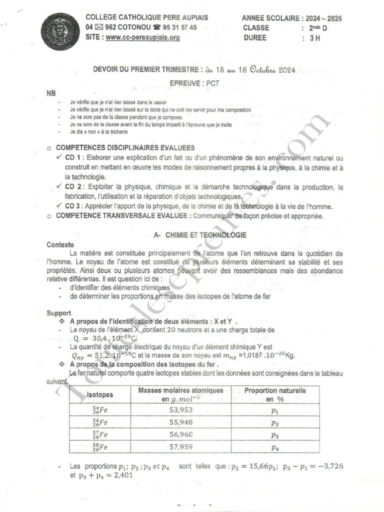 Epreuve de Devoir Du 1er Trimestre PCT 2nde D 2024-2025 College Catholique Pere Aupiais | PDF