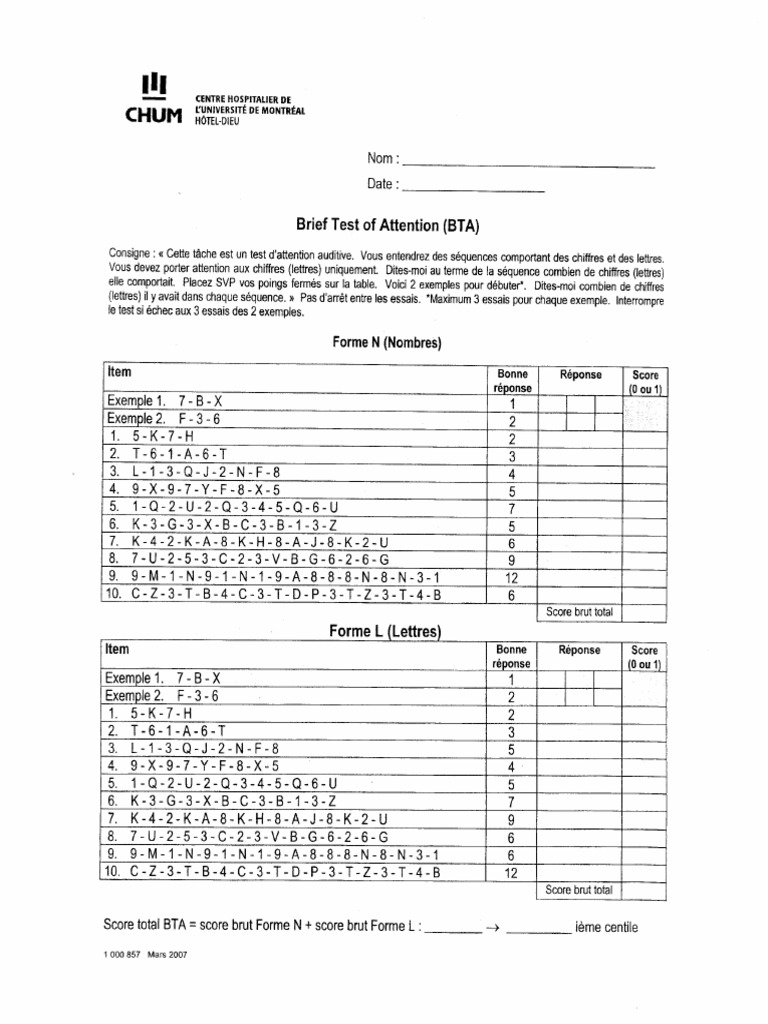 Brief Test of Attention (BTA) - (Protocole) | PDF
