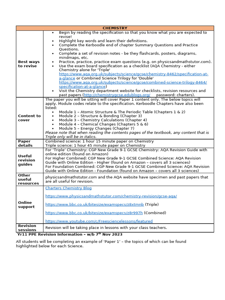 Yr11 PPE Revision - Paper 1 3 | PDF | Chemistry | Science