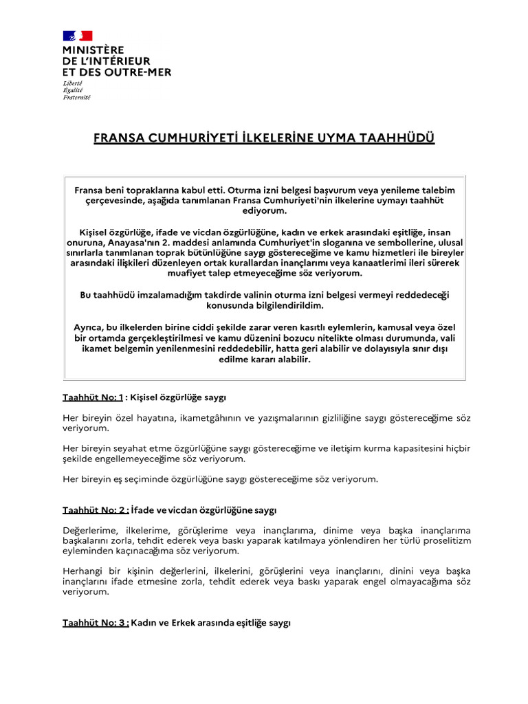 Fransa Cumhuri̇yeti̇ İlkeleri̇ne Uyma Taahhüdü (Turc) | PDF