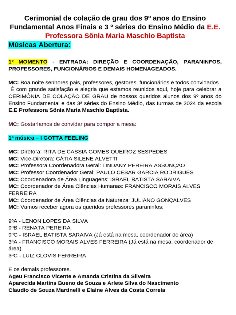 Roteiro Da Cerimônia Formatura 2024 | PDF