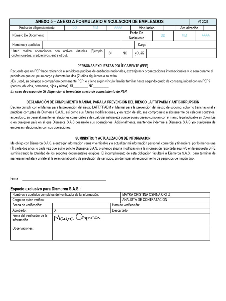 Anexo 5 - Anexo A Formulario Vinculación Empleados Dismerca v2 | PDF