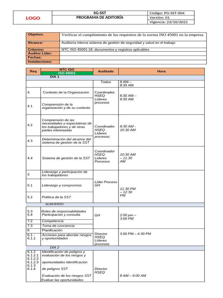 PG-SST-004 Programa de Aditoría | PDF | Planificación | Auditoría
