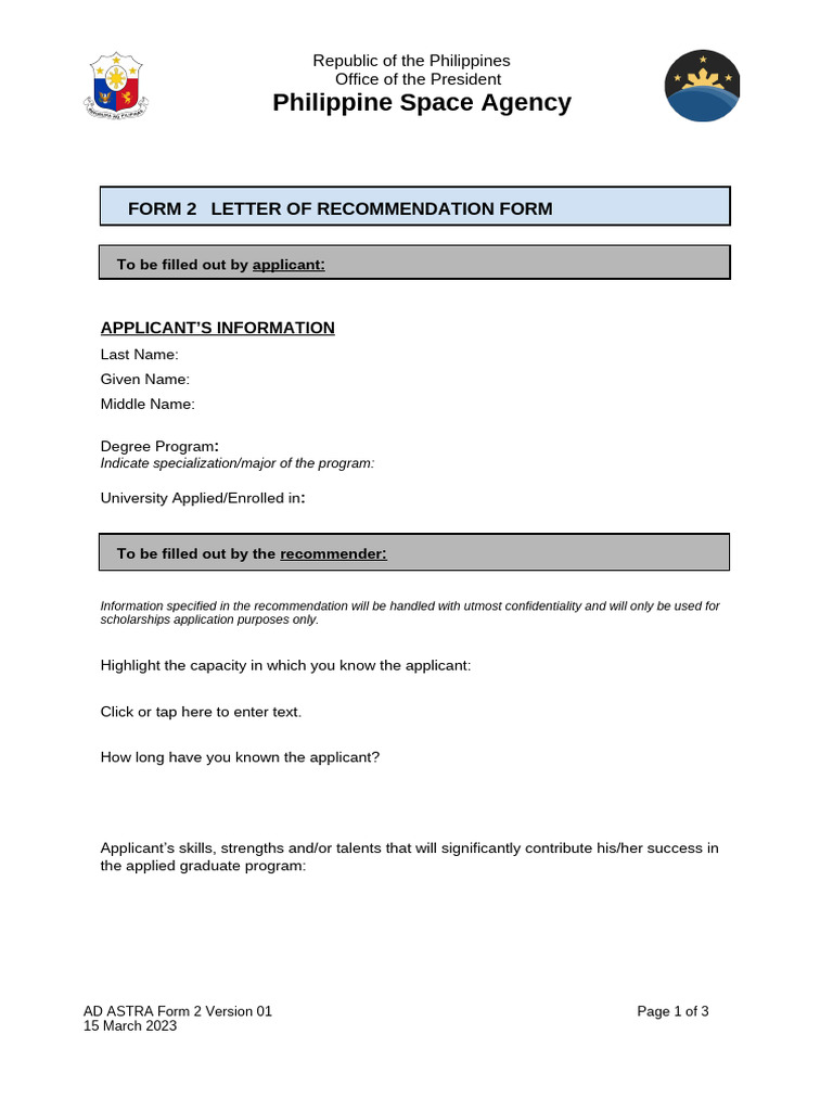 Form 2 - Recommendation Letter Form (Fillable) | PDF | Human ...