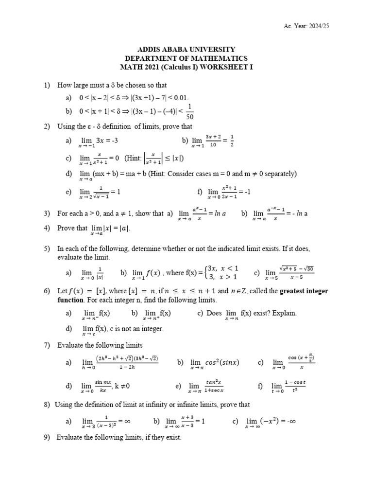 Math 2021 (Calculus 1) Worksheet I | PDF | Mathematics | Mathematical ...