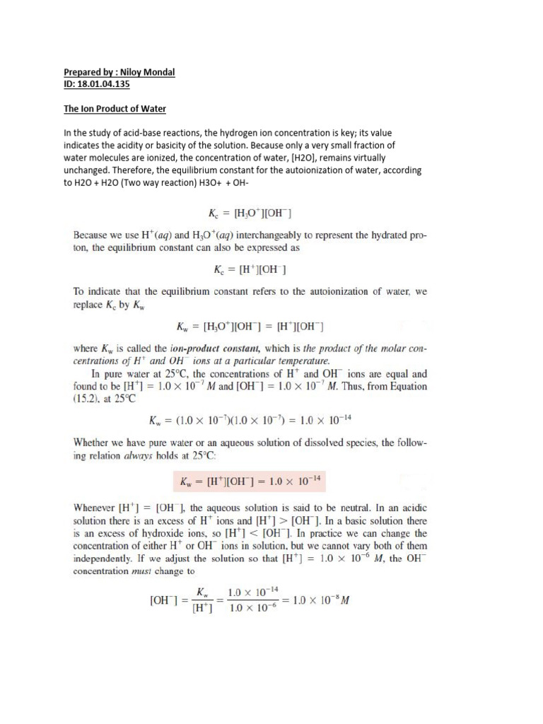 Ionization of Water and PH Concept | PDF | Acid | Buffer Solution