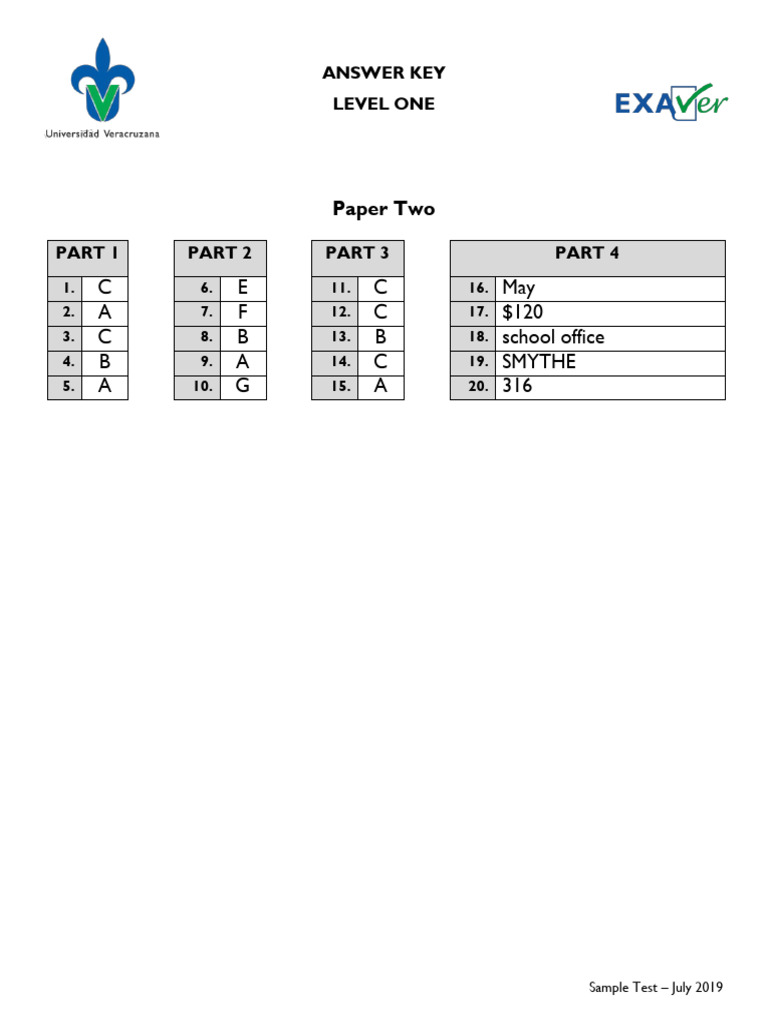 Answer Key EXAVER 1 Sample Test Paper 2 July 2019 | PDF