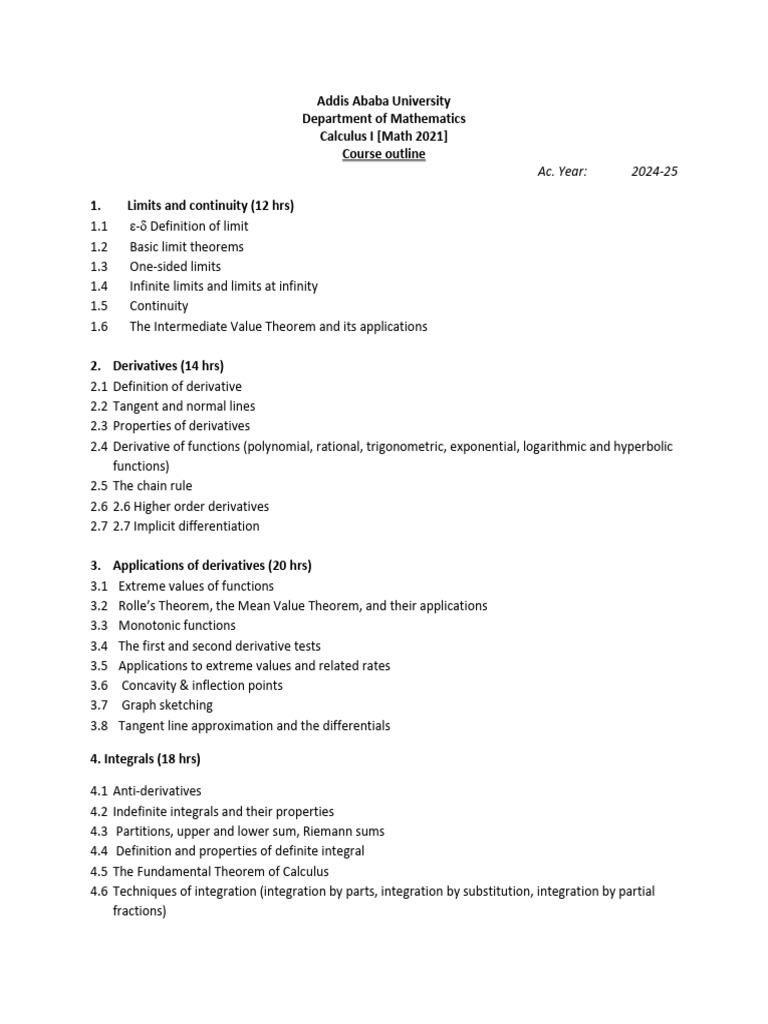 Co-outline_ CalculusI | PDF | Integral | Calculus