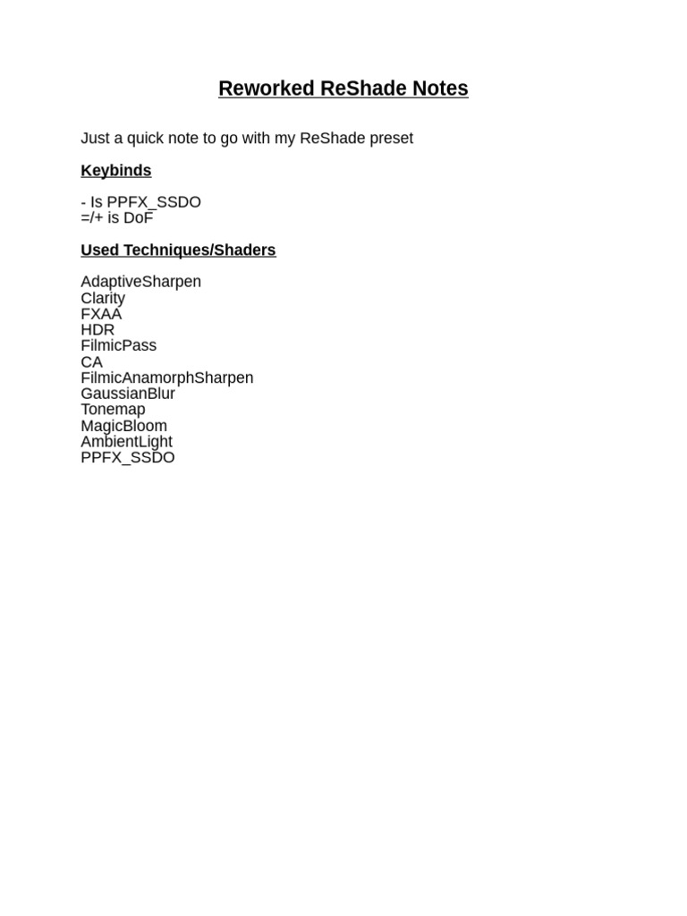 ReShade Preset Keybinds & Shaders | PDF