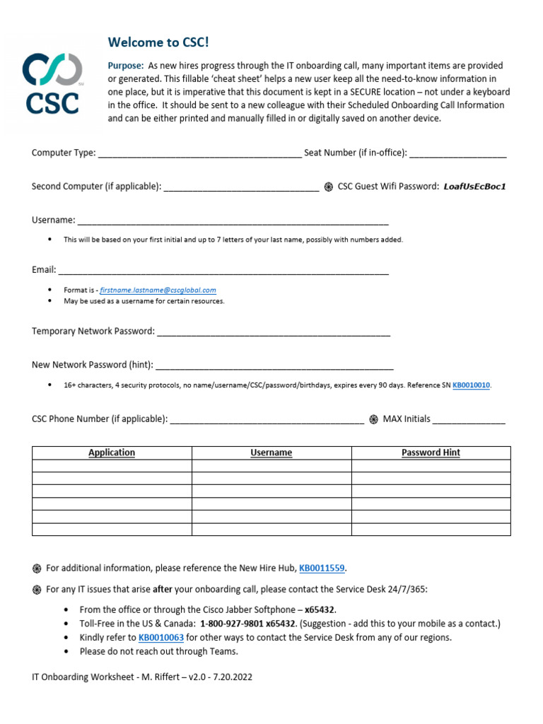 CSC Onboarding Worksheet | PDF | Password | User (Computing)