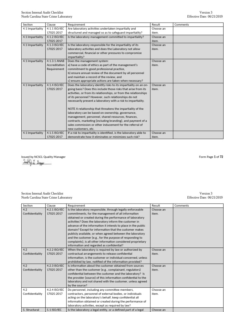 Section Internal Audit Checklist 06 21 2019 | PDF | Metrology | Calibration