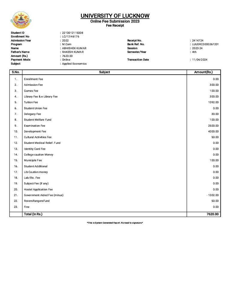 Mcom 4th Semester Fees Receipt | PDF | Payments