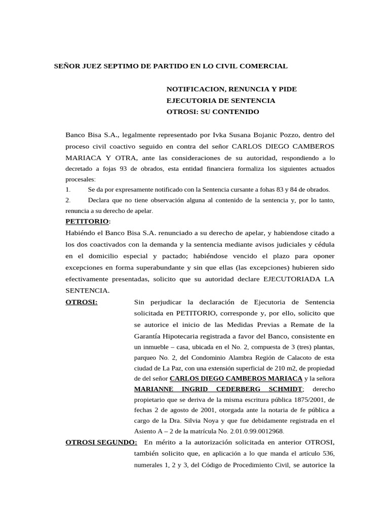 Memorial - Camberos - Reitera Ejecutoria de Sentencia | PDF | Sentencia (ley) | Justicia