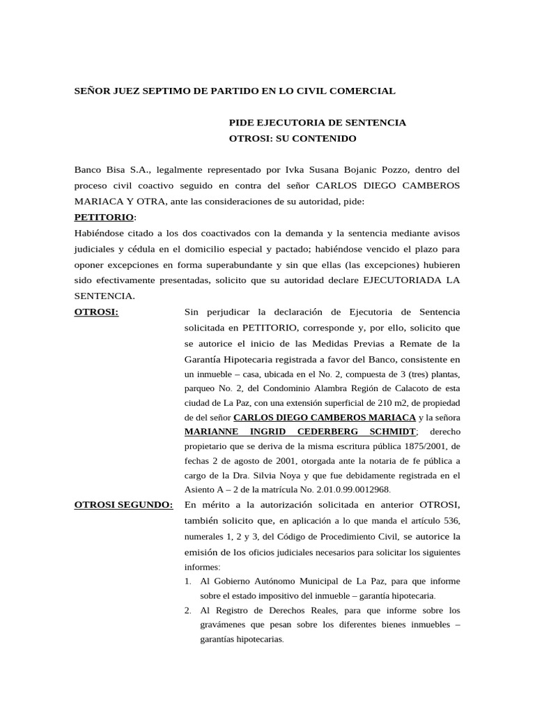 Memorial - Camberos - Ejecutoria de Sentencia | PDF | Sentencia (ley) | Ley común