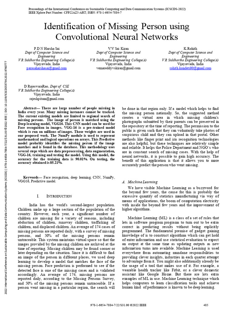 Identification Of Missing Person Using Convolutional Neural Networks
