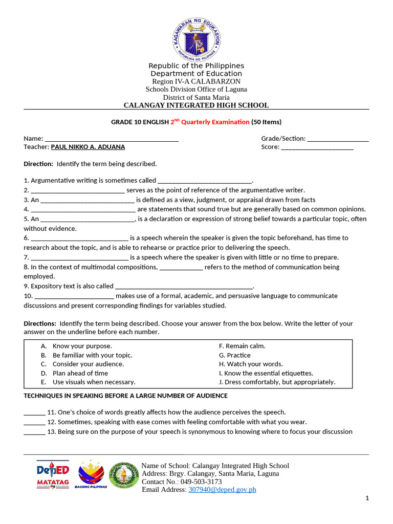 Revised 2024 - English 10 (2nd Quarterly Test) | PDF | Word | Argument