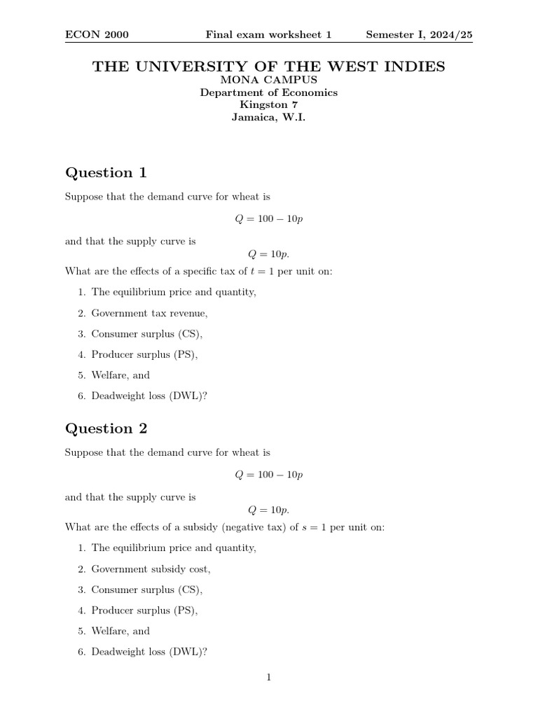 ECON 2000 Final Exam Worksheet 2024 | PDF | Economic Surplus | Economic Policy