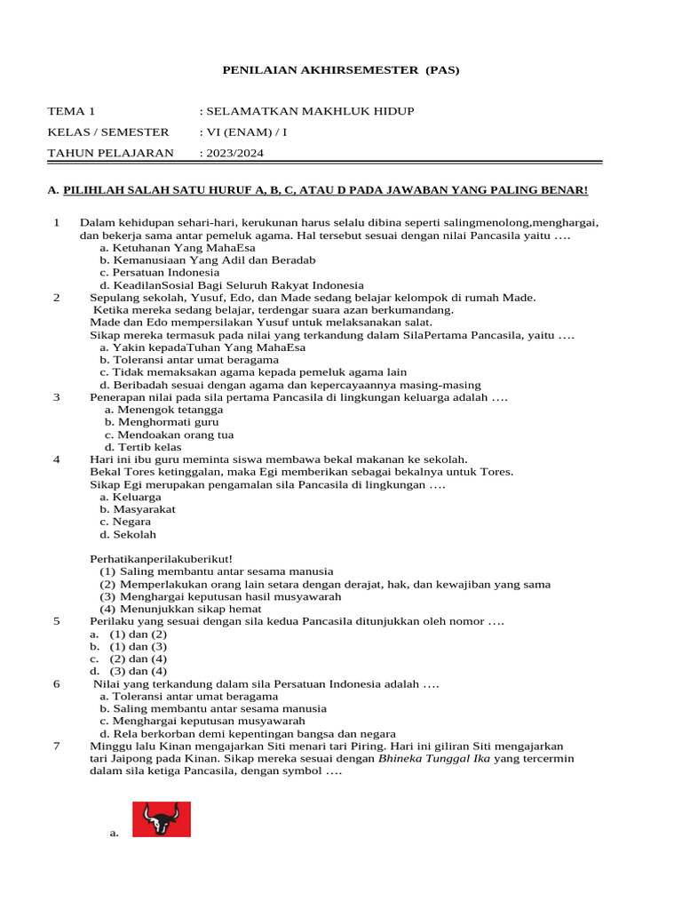 Soal Pas Tema 1 KLS 6 | PDF