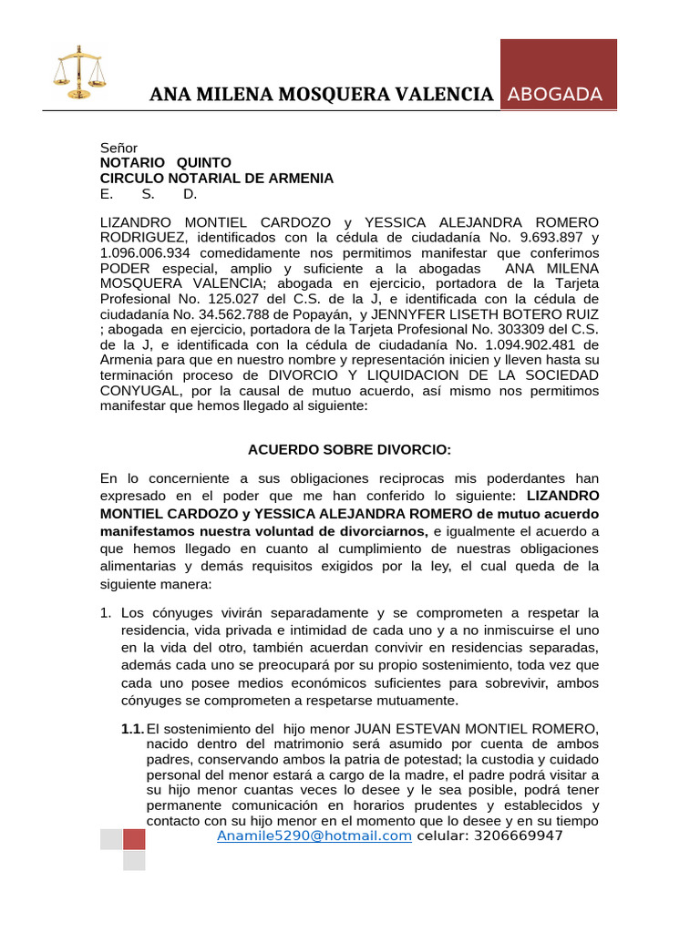 Documento Poder Divorcio Mutuo Acuerdo Yessica Alejandra Romero y Lizandro Montiel | PDF ...