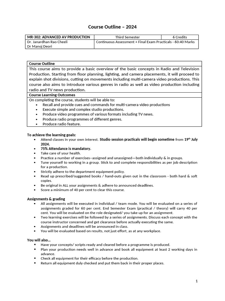 Advanced AV Production Course Outline | PDF | Television | Information ...