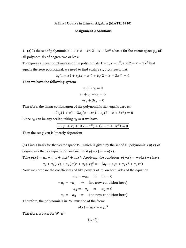 Linear Algebra Assignment Solutions | PDF | Basis (Linear Algebra) | Algebra