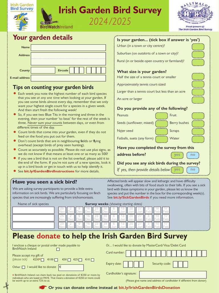 Irish Garden Bird Survey Form 2024 | PDF | Birds | Ornithology