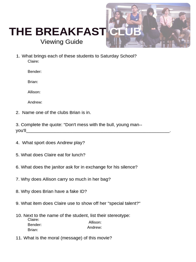Breakfast Club Character Analysis Guide | PDF