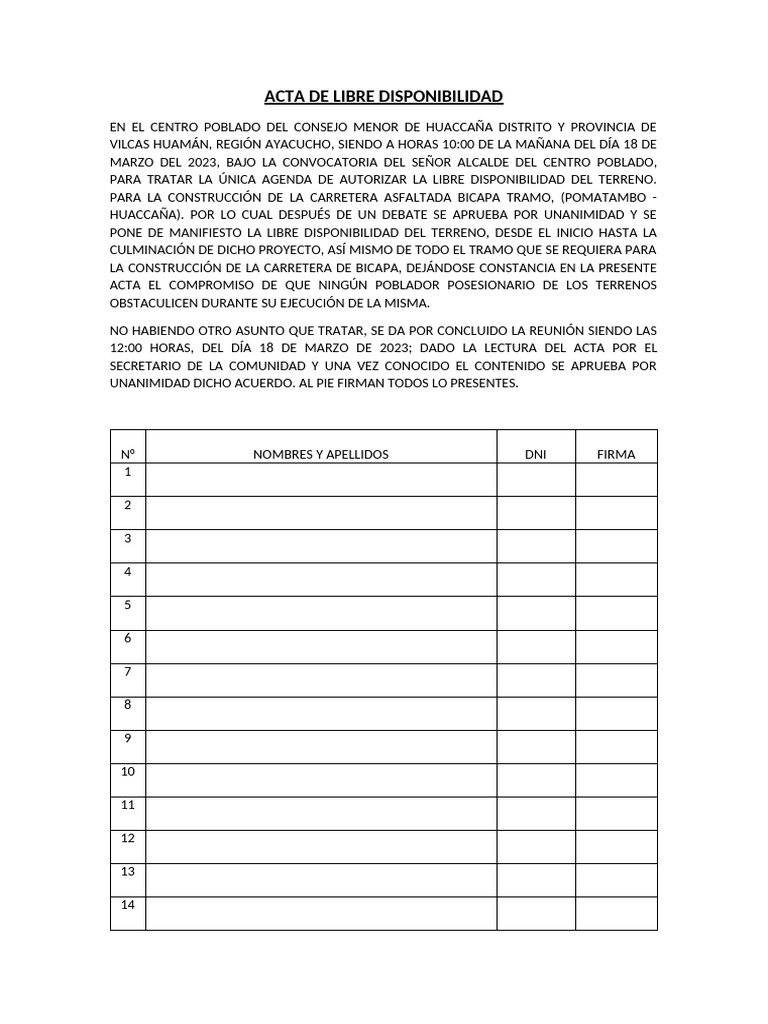 Acta de Libre Disponibilidad Huaccaña | PDF