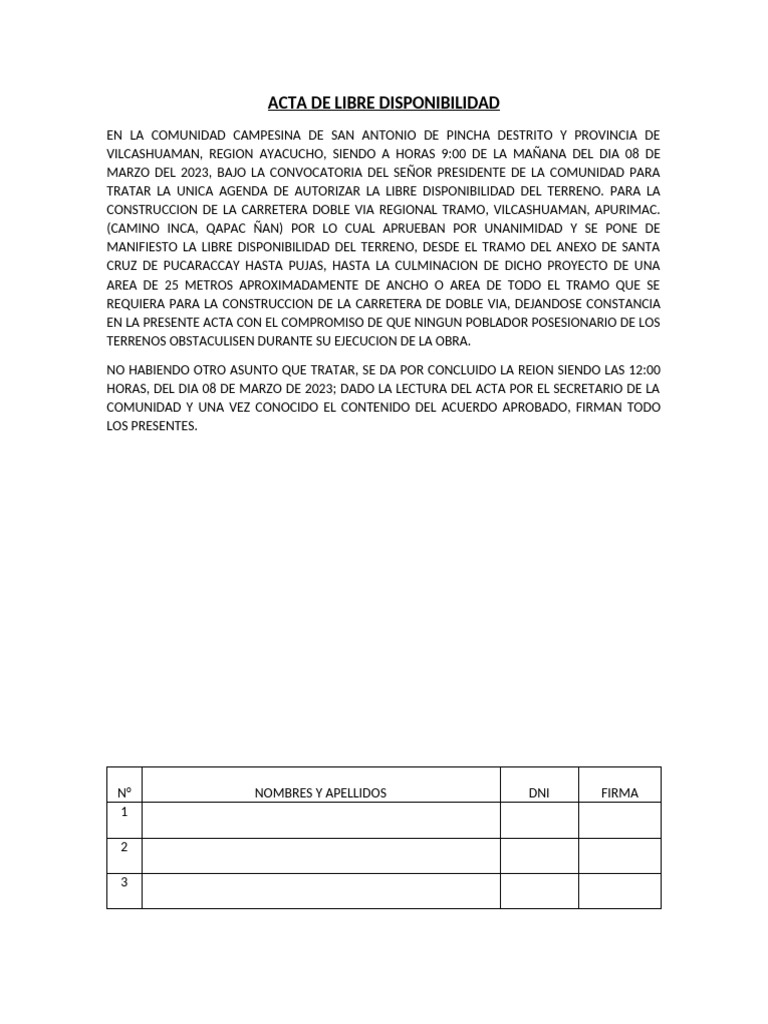 Acta de Libre Disponibilidad Pincha (1) | PDF