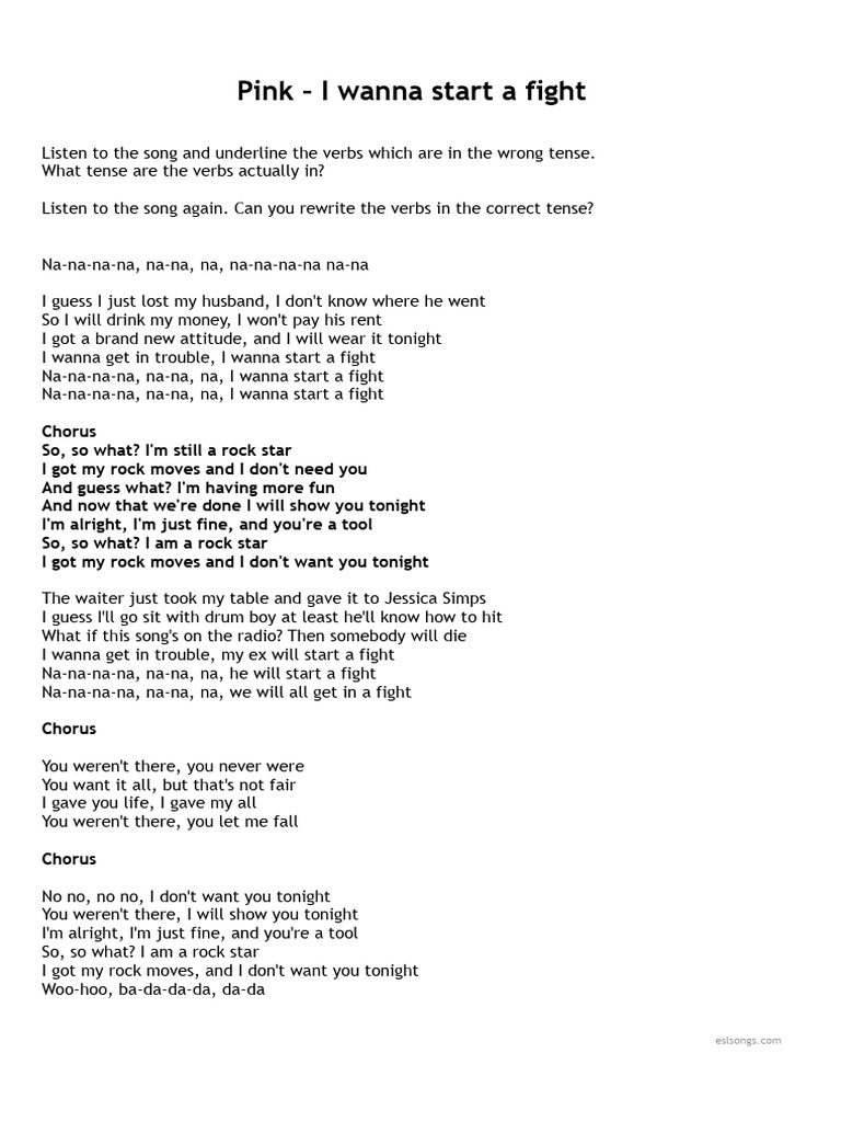 Pink I Wanna Start A Fight | PDF | Linguistics | Grammar