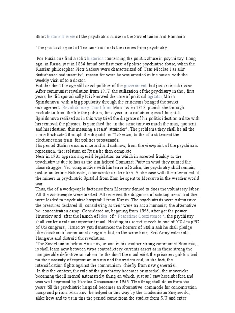 Short History of The Psychiatric Abuse in Soviet Union and Romania ...