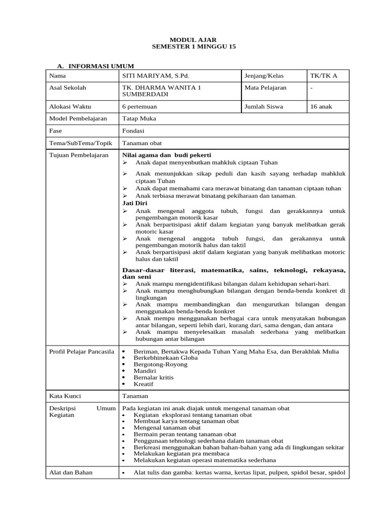 MODUL AJAR MINGGU 15 Tanaman Obat | PDF