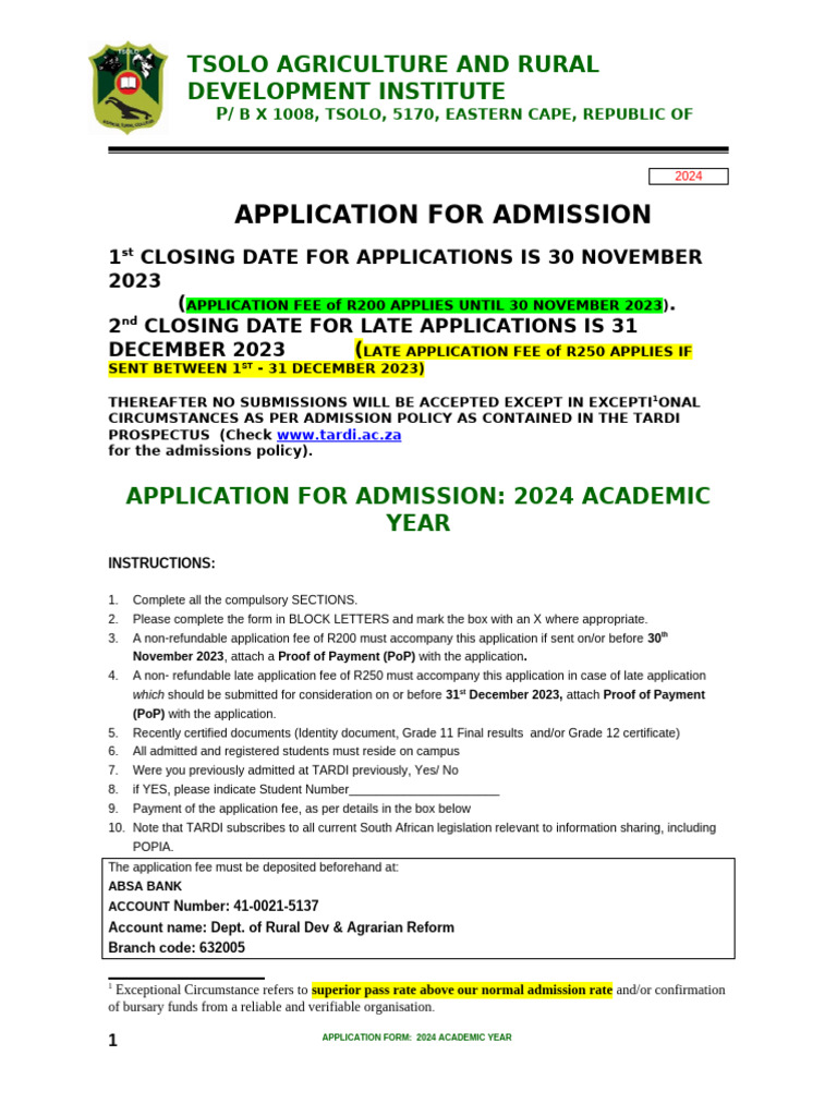 TARDI Application For Admission 2024 | PDF | Negligence | Legal Guardian