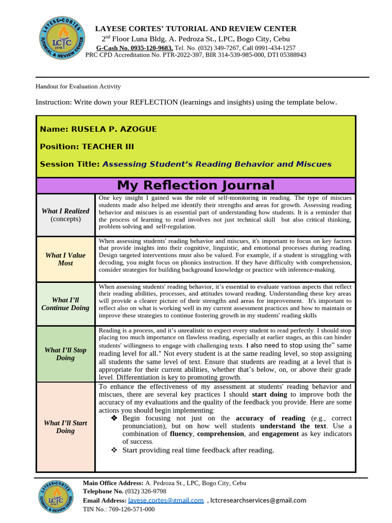 Day 2 (A.m.) Reflection-Journal (Rusela P. Azogue) | PDF | Reading ...