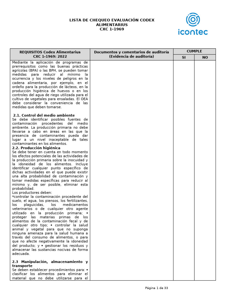 Lista de Chequeo Cxc-1 1969 (Haccp Codex) | PDF | Análisis de Riesgo y Puntos Críticos de ...