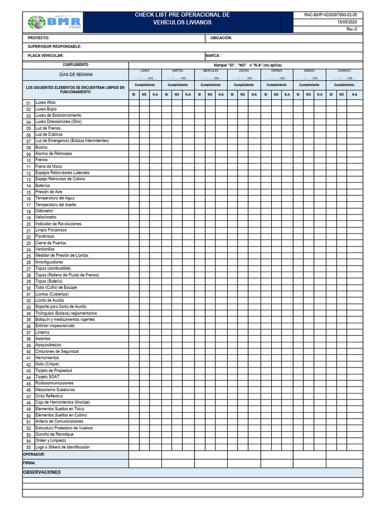 Rac - BMP-42000660-02-35 Check List de Vehiculos Livianos | PDF ...