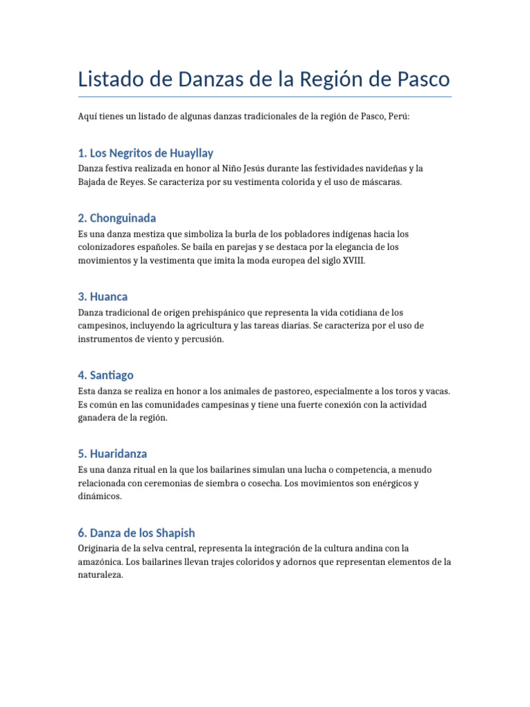 Listado de Danzas de Pasco | PDF