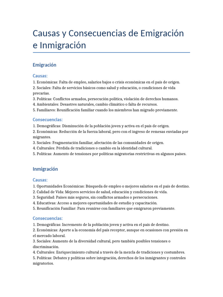 Causas y Consecuencias de Emigracion e Inmigracion | PDF