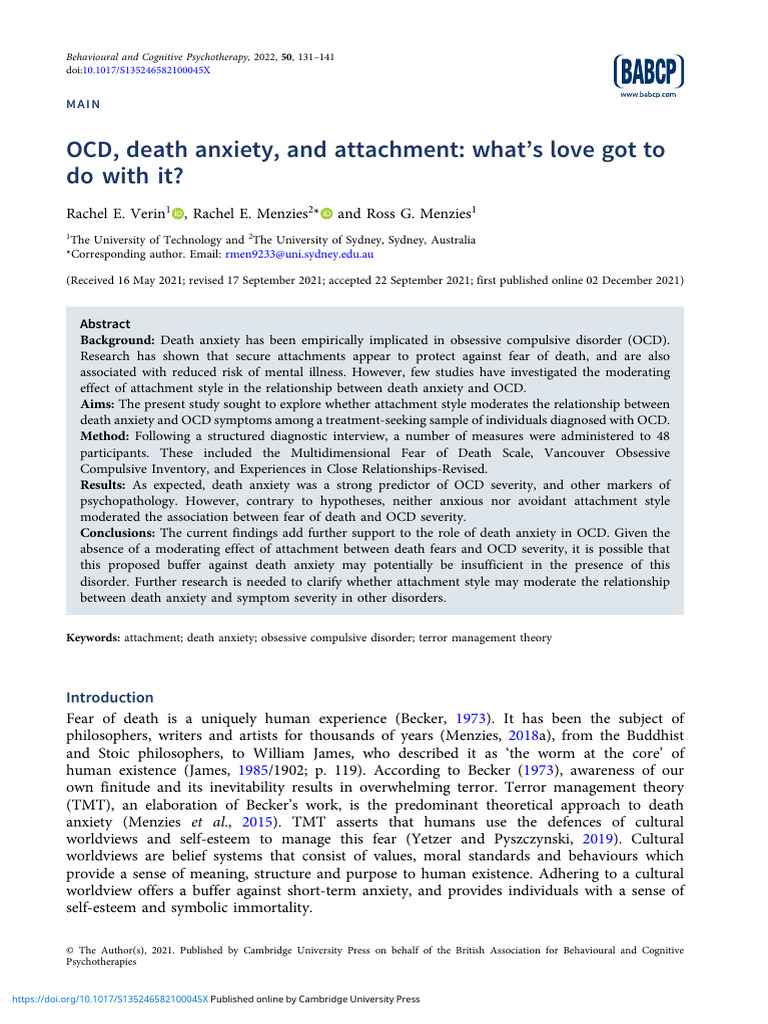Ocd Death Anxiety and Attachment Whats Love Got To Do With It | PDF ...