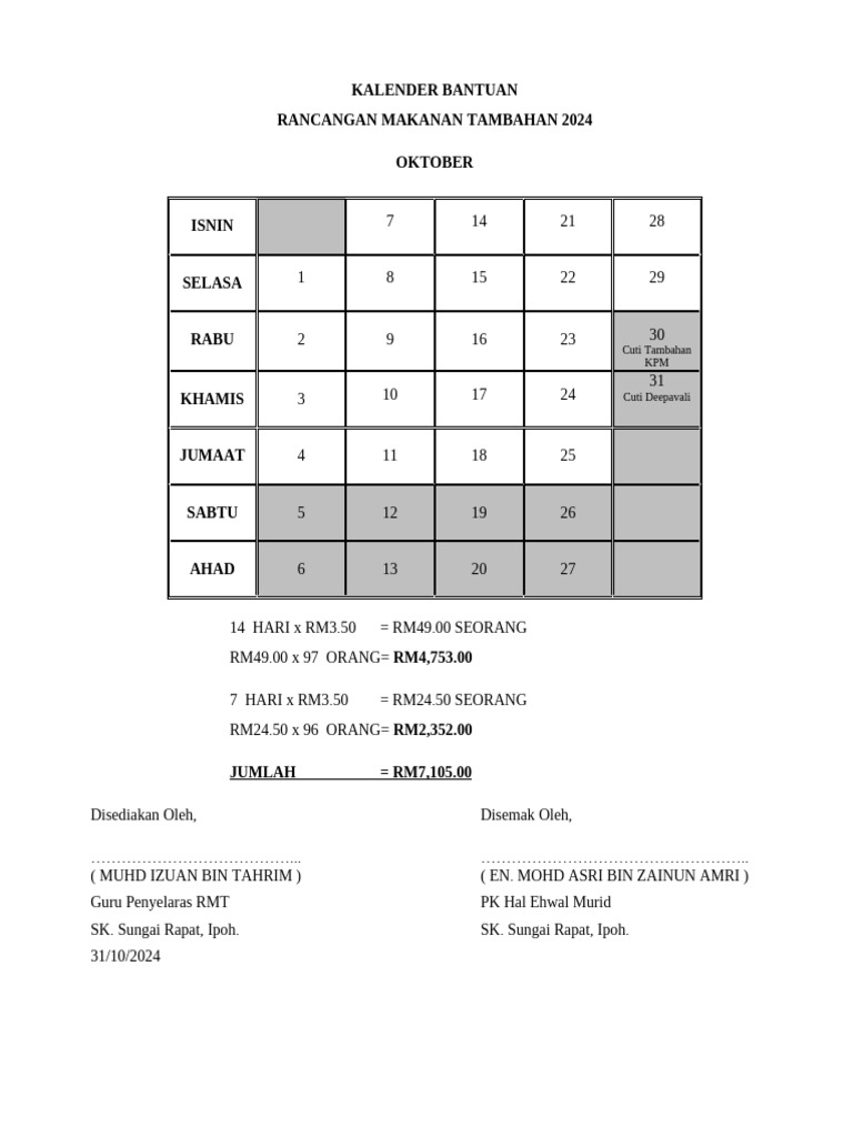 KALENDER BANTUAN MAKANAN OKT 2024 | PDF