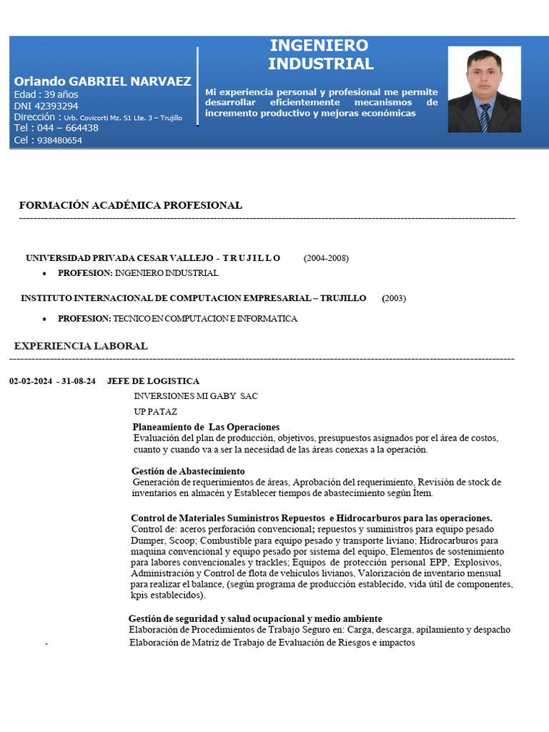 Orlando Gabriel Narvaez CV 2024 | PDF | Logística | Presupuesto