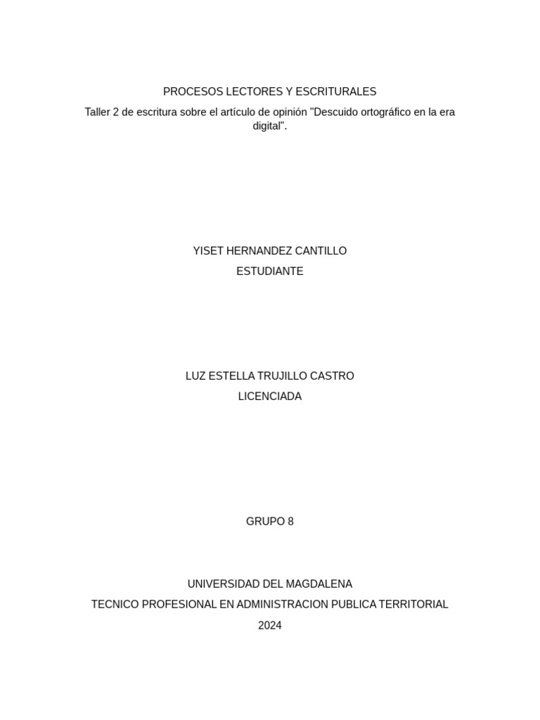 Procesos Lectores y Escriturales Taller 2 | PDF | Comunicación | Cognición