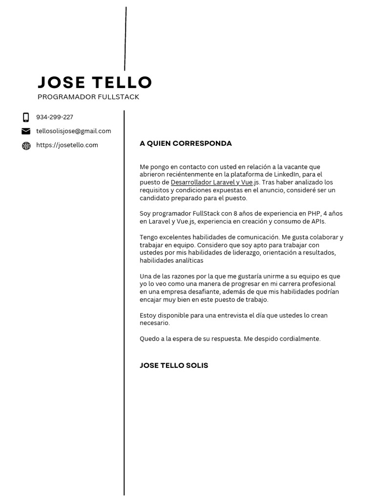 Carta Presentacion Jose Tello | PDF