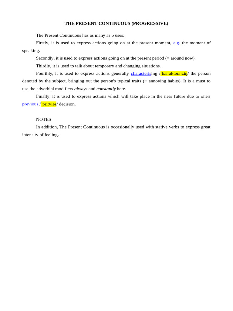 The Present Continuous (Progressive) Uses | PDF